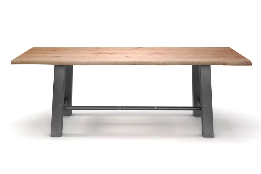Klassischer Tisch aus Buche mit Baumkante und Stahlgestell : Holzpiloten