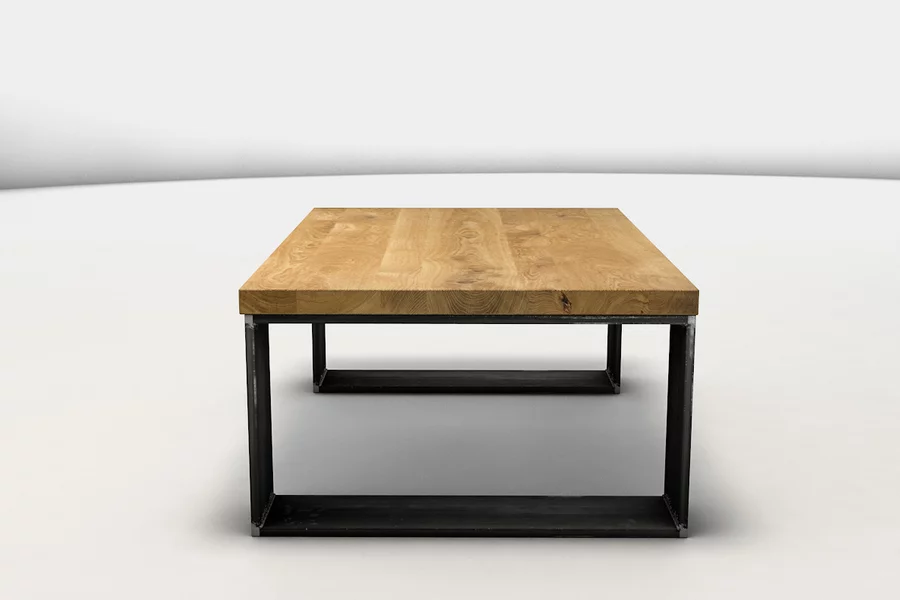 Wohnzimmertisch aus Eichenholz und einem Stahlgestell : Holzpiloten